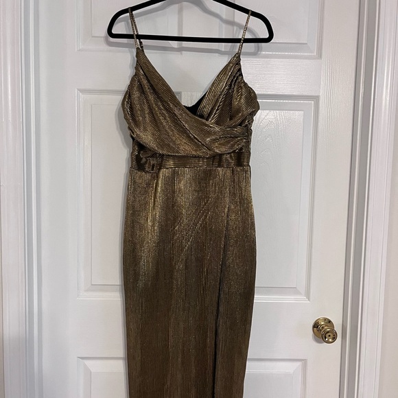 Lulus | Dresses | Lulus Love And Luxury Gold Pleated Surplice Midi ...